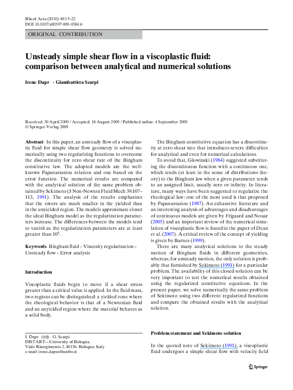 (PDF) Unsteady simple shear flow in a viscoplastic fluid: comparison between analytical and ...