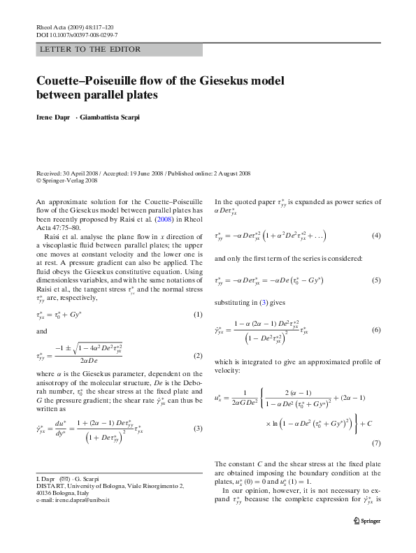 (PDF) Couette–Poiseuille flow of the Giesekus model between parallel plates