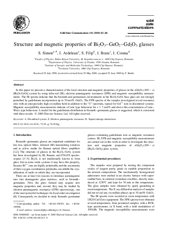 (PDF) Structure and magnetic properties of Bi2O3-GeO2-Gd2O3 glasses
