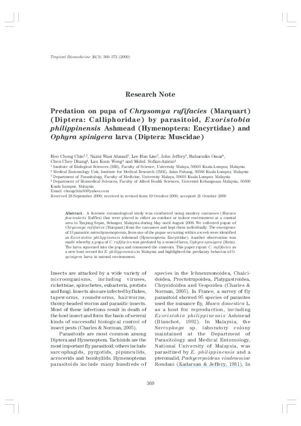 (PDF) Predation on pupa of Chrysomya rufifacies (Marquart) (Diptera ...