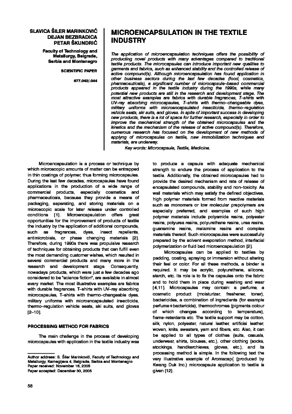 (PDF) Microencapsulation in the textile industry