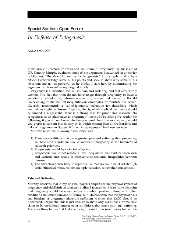 (PDF) In Defense of Ectogenesis
