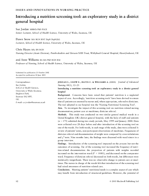 (PDF) Introducing a nutrition screening tool: an exploratory study in a ...