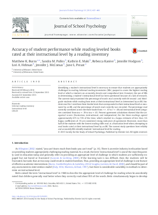 (PDF) Accuracy of Student Performance While Reading Leveled Books Rated ...