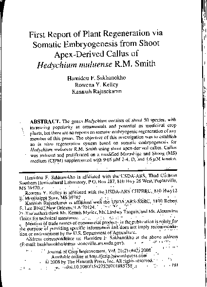 (PDF) First Report of Plant Regeneration via Somatic Embryogenesis from ...