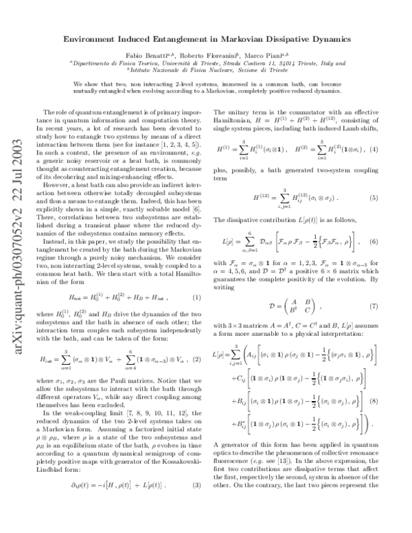 (PDF) Environment Induced Entanglement in Markovian Dissipative Dynamics