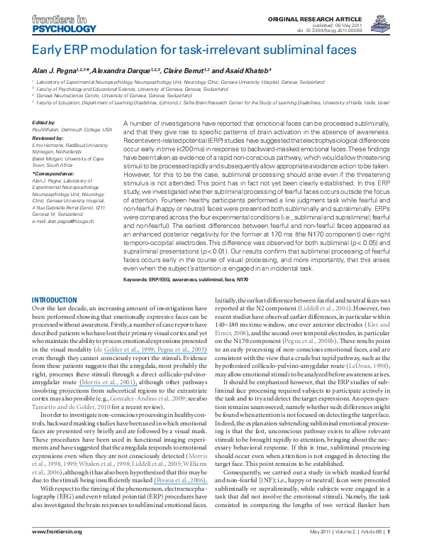 (PDF) Early ERP Modulation for Task-Irrelevant Subliminal Faces