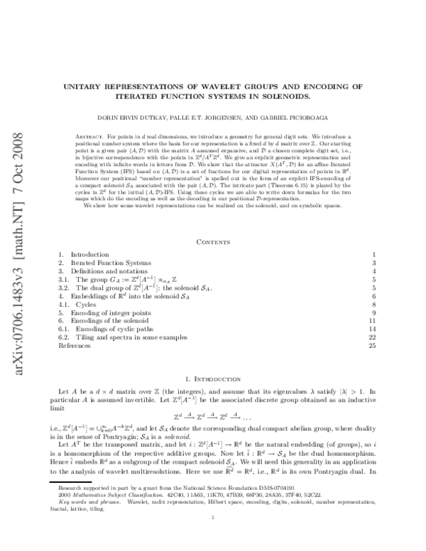 (PDF) Unitary representations of wavelet groups and encoding of iterated function systems in ...