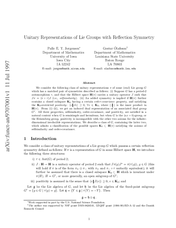 (PDF) Unitary Representations of Lie Groups with Reflection Symmetry | Gestur Ólafsson and Palle ...