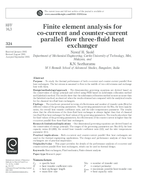 Pdf Finite Element Analysis For Co‐current And Counter‐current Parallel Flow Three‐fluid Heat