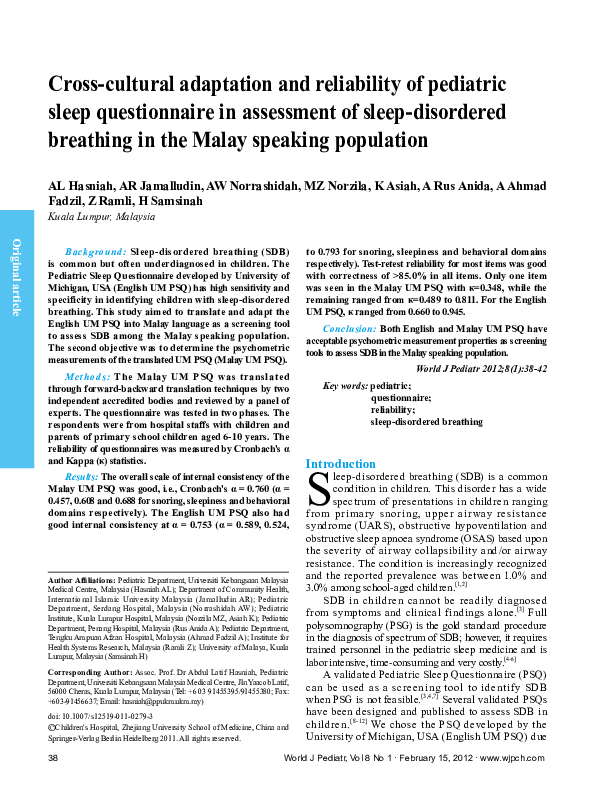 (PDF) Cross-cultural adaptation and reliability of pediatric sleep ...