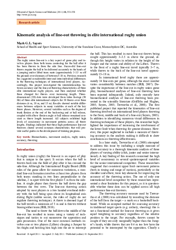 (PDF) Kinematic analysis of line-out throwing in elite international ...