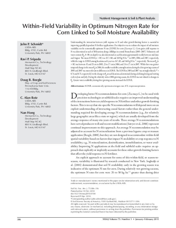 (PDF) Within-Field Variability in Optimum Nitrogen Rate for Corn Linked to Soil Moisture ...