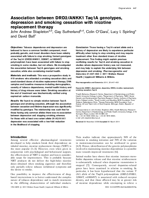 (PDF) Association between DRD2/ANKK1 Taq1A genotypes, depression and ...