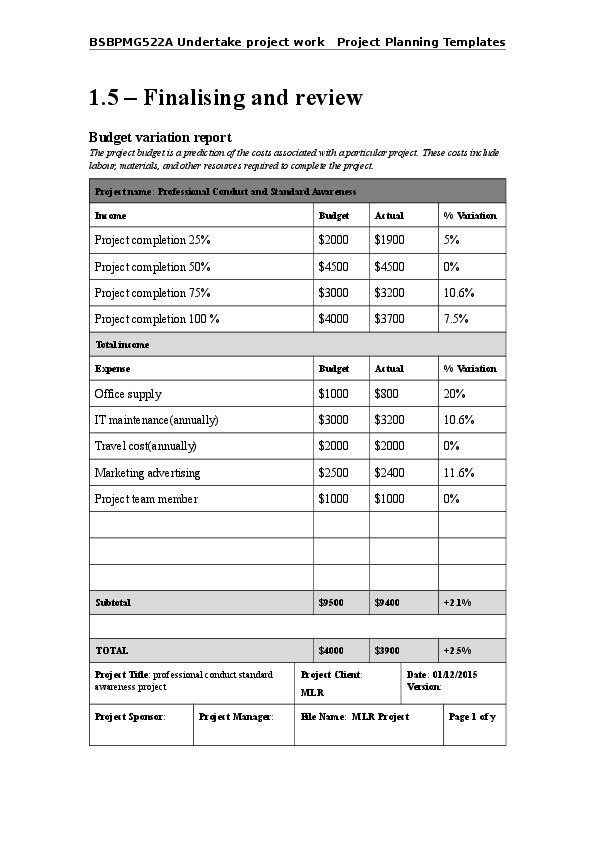 (DOC) 5 – Finalising and review Budget variation report BSBPMG522A ...