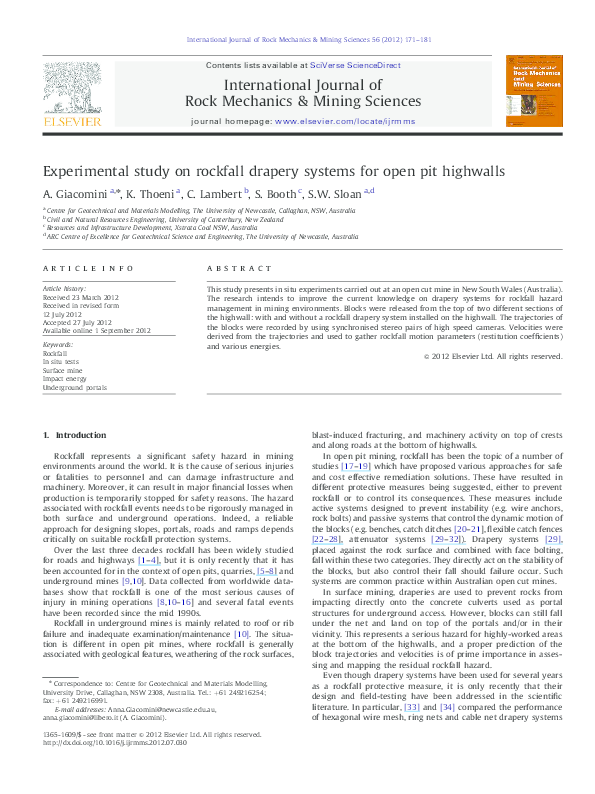 (PDF) Experimental study on rockfall drapery systems for open pit highwalls