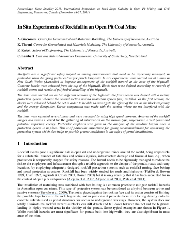 (PDF) In Situ Experiments of Rockfall in an Open Pit Coal Mine