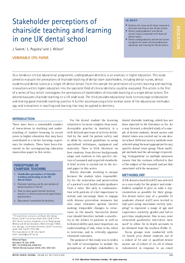 (PDF) Stakeholder perceptions of chairside teaching and learning in one ...