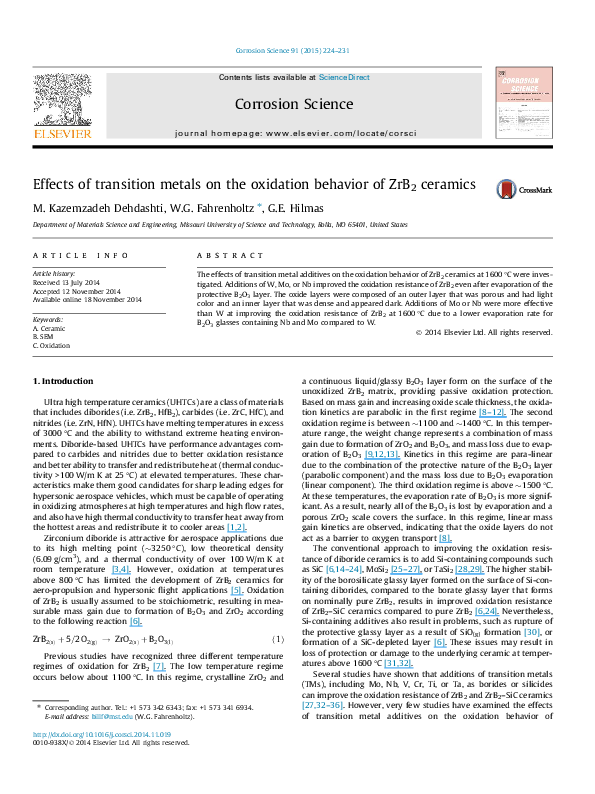 (PDF) Effects of transition metals on the oxidation behavior of ZrB2 ...