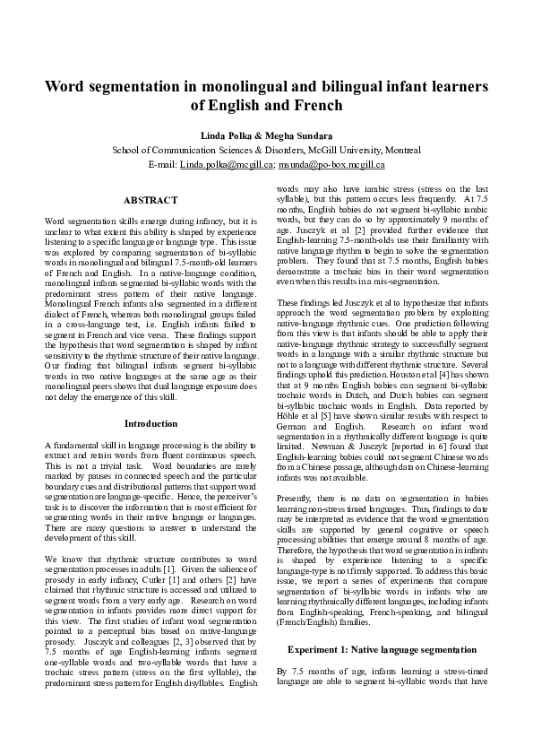 (PDF) Word segmentation in monolingual and bilingual infant learners of English and French