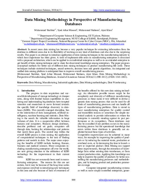 (PDF) Data mining methodology in perspective of manufacturing databases