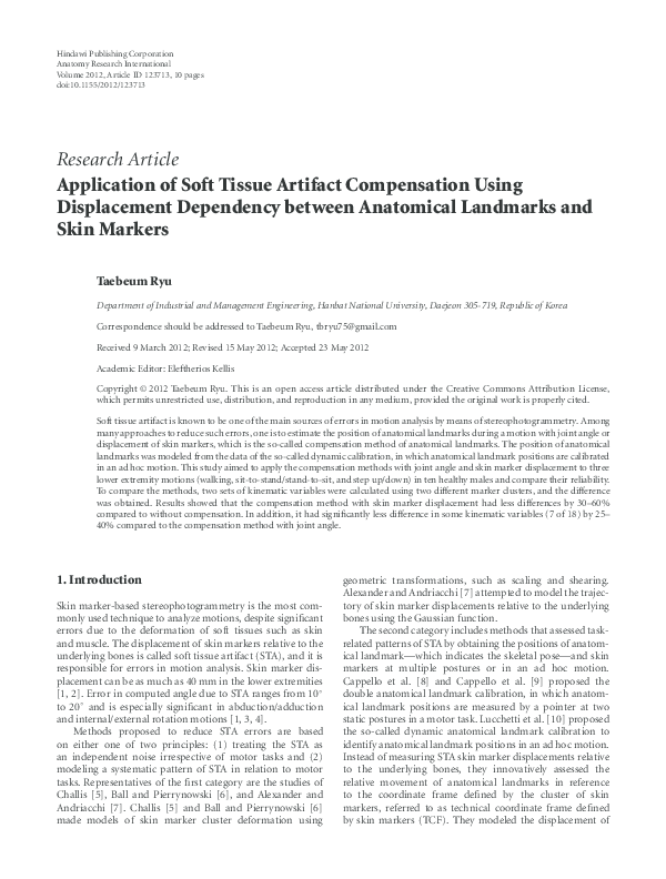 Pdf Application Of Soft Tissue Artifact Compensation Using Displacement Dependency Between