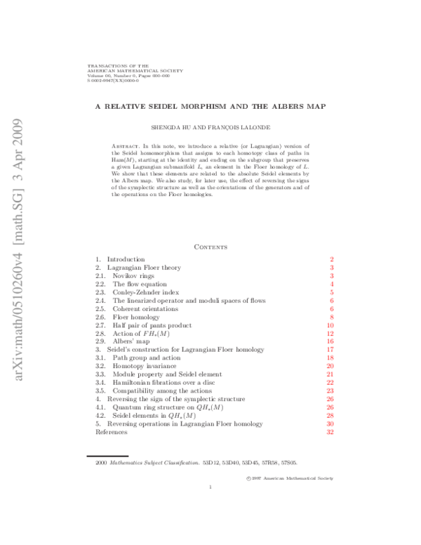 (PDF) A relative Seidel morphism and the Albers map | Shengda Hu ...