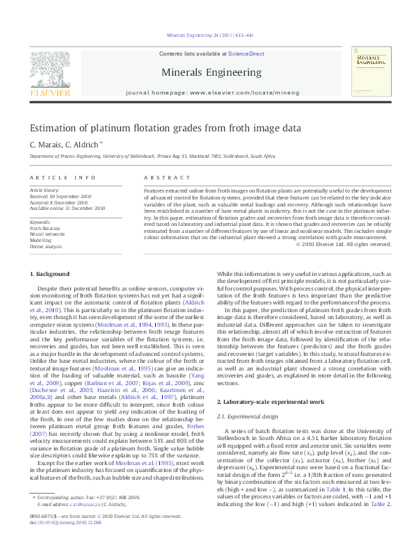 (PDF) Estimation of platinum flotation grades from froth image data