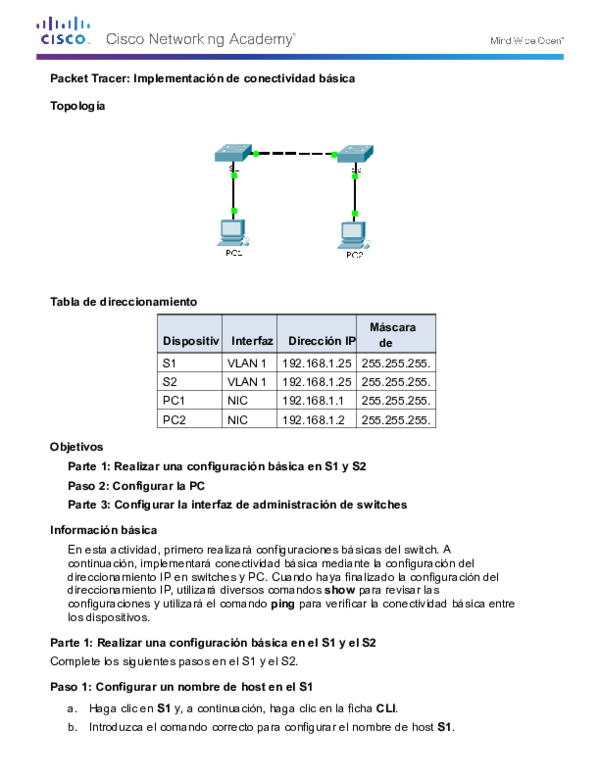 (DOC) Packet Tracer: Implementación de conectividad básica Topología Tabla de direccionamiento ...