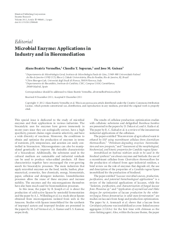 (PDF) Microbial Enzyme: Applications in Industry and in Bioremediation