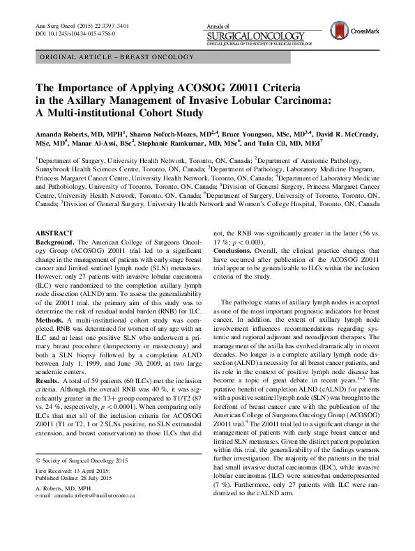 (PDF) The Importance of Applying ACOSOG Z0011 Criteria in the Axillary ...