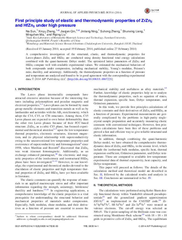 (PDF) First principle study of elastic and thermodynamic properties of ZrZn2 and HfZn2 under ...