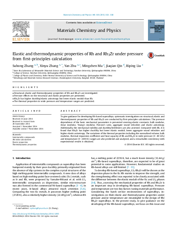(PDF) Elastic and thermodynamic properties of Rh and Rh3Zr under pressure from first-principles ...