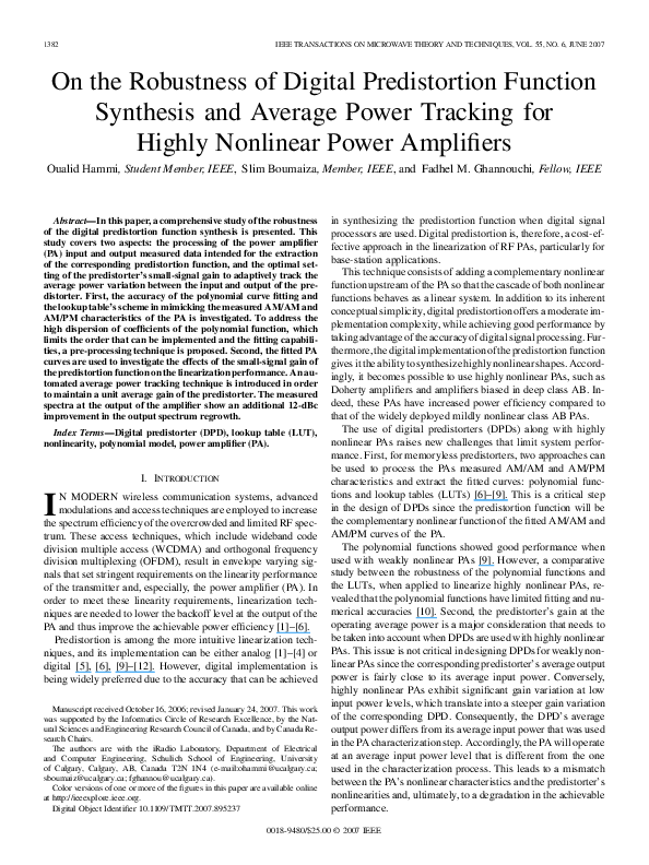 (PDF) On the Robustness of Digital Predistortion Function Synthesis and Average Power Tracking ...