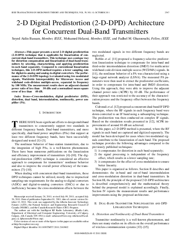 (PDF) 2-D Digital Predistortion (2-D-DPD) Architecture for Concurrent Dual-Band Transmitters