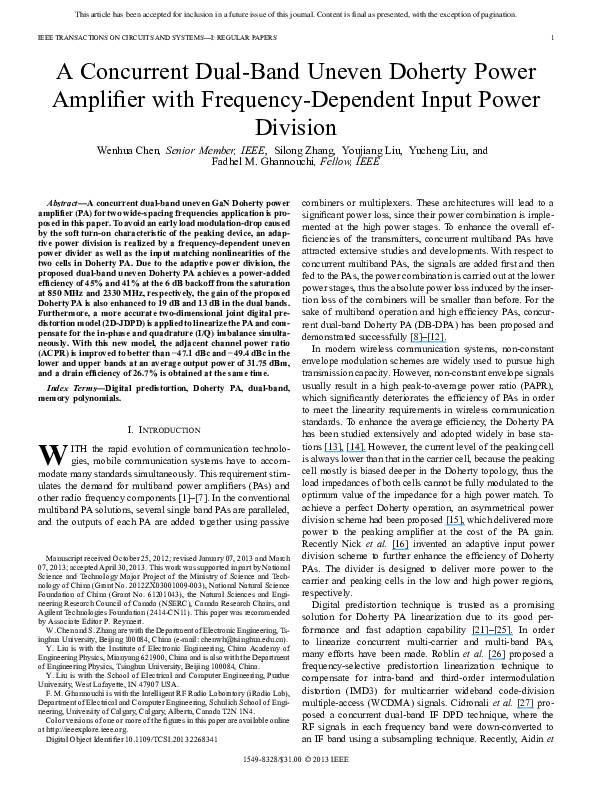 (PDF) A Concurrent Dual-Band Uneven Doherty Power Amplifier with Frequency-Dependent Input Power ...