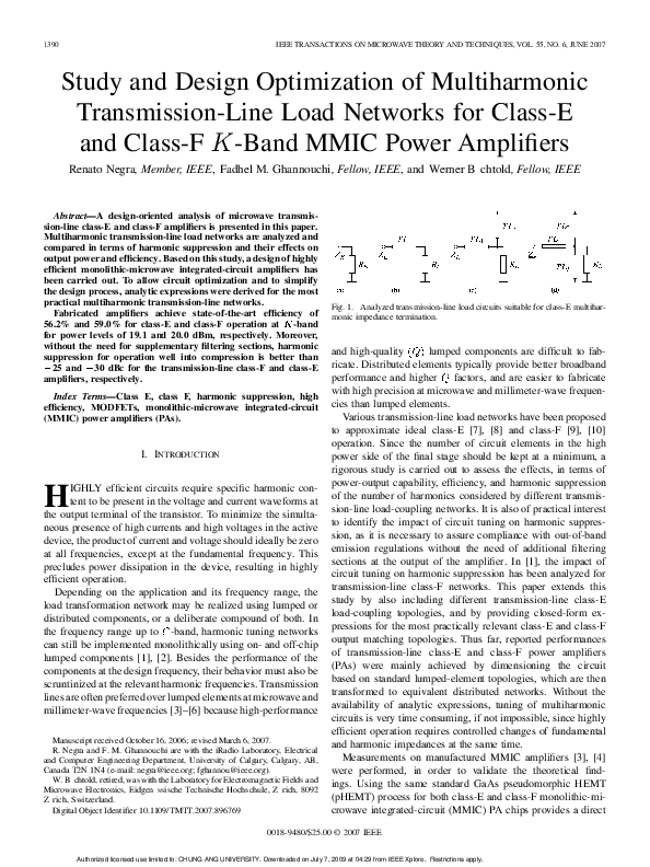 (PDF) Study and Design Optimization of Multiharmonic Transmission-Line Load Networks for Class-E ...