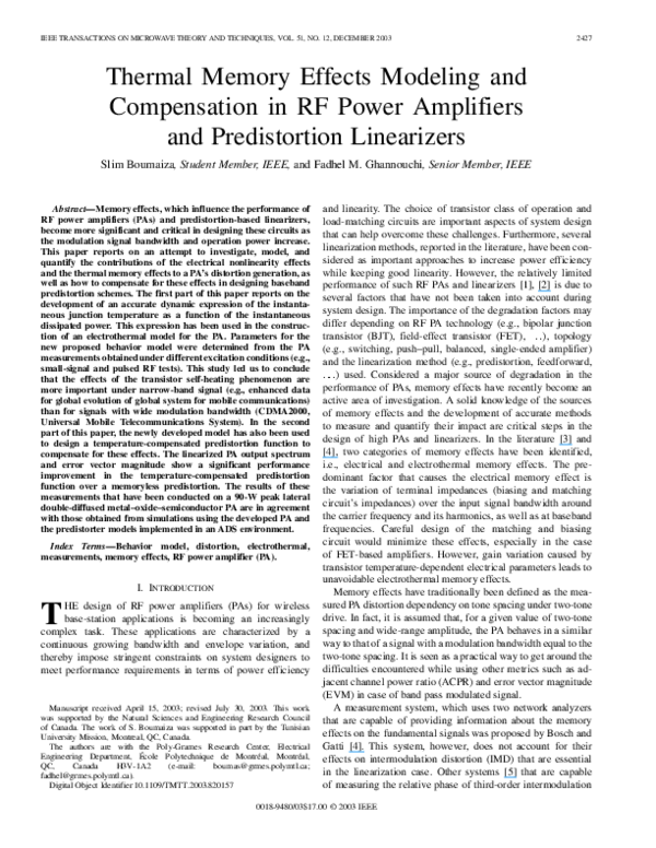 (PDF) Thermal memory effects modeling and compensation in RF power amplifiers and predistortion ...