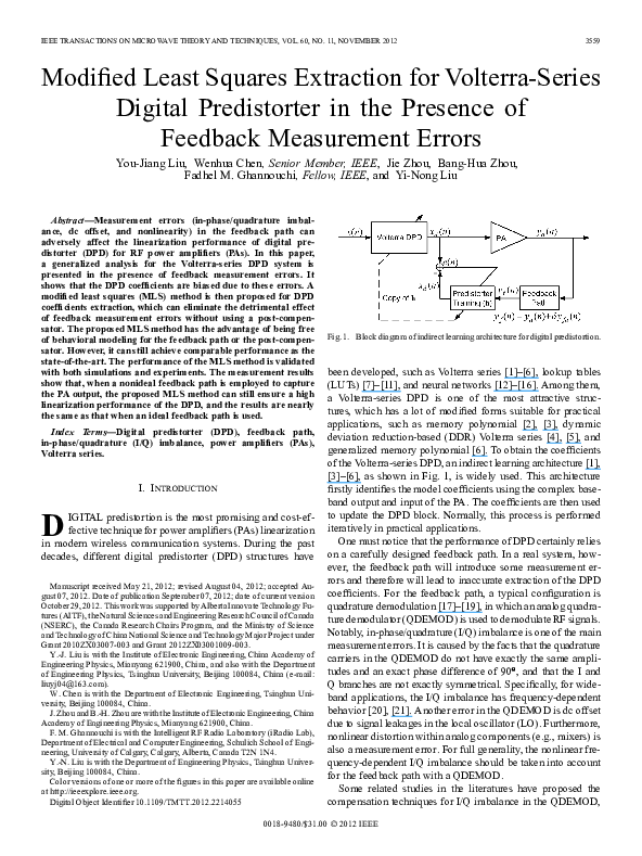 (PDF) Modified Least Squares Extraction for Volterra-Series Digital Predistorter in the Presence ...