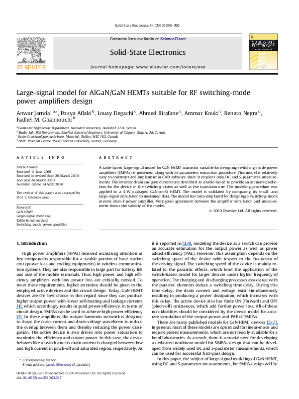 (PDF) On the large-signal modeling of AlGaN/GaN HEMTs for RF switching-mode power amplifiers design