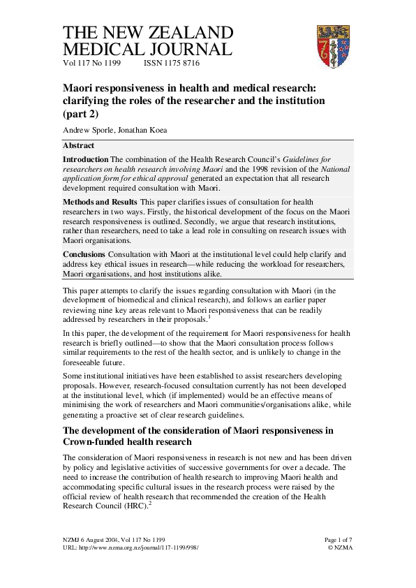 Maori responsiveness in health and medical research: key issues for ...