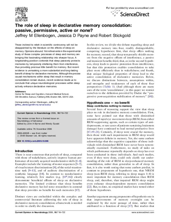 (PDF) The role of sleep in declarative memory consolidation: passive, permissive, active or none?
