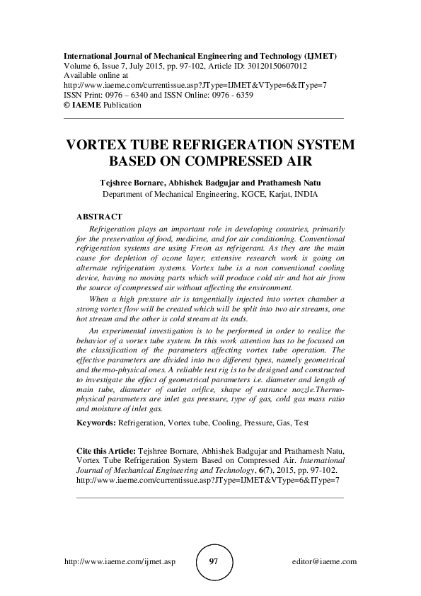 (PDF) VORTEX TUBE REFRIGERATION SYSTEM BASED ON COMPRESSED AIR