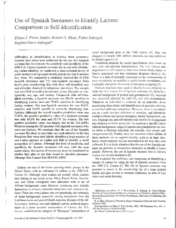 (PDF) Use of Spanish surnames to identify Latinos: comparison to self ...