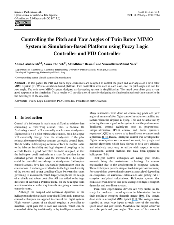 Pdf Controlling The Pitch And Yaw Angles Of Twin Rotor Mimo System In Simulation Based