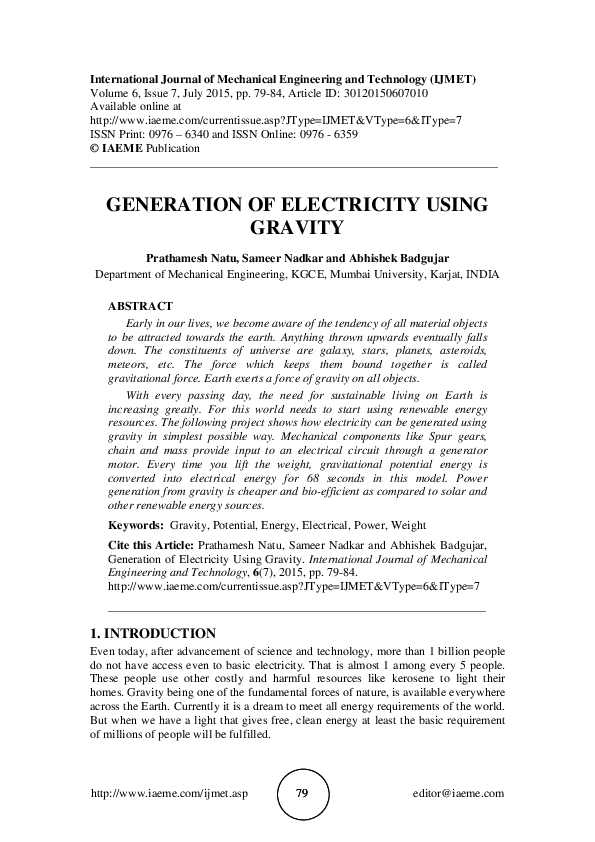 (PDF) GENERATION OF ELECTRICITY USING GRAVITY