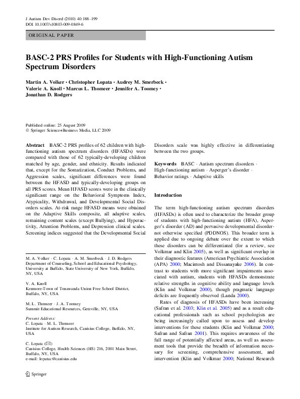 (PDF) BASC-2 PRS Profiles for Students with High-Functioning Autism ...