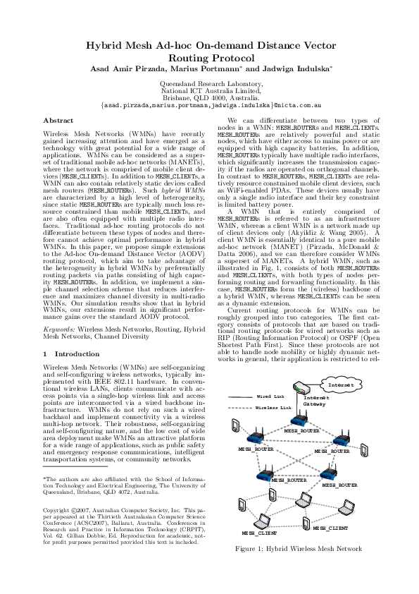 (PDF) AODV-HM: A Hybrid Mesh Ad-hoc On-demand Distance Vector Routing Protocol | Marius Portmann ...