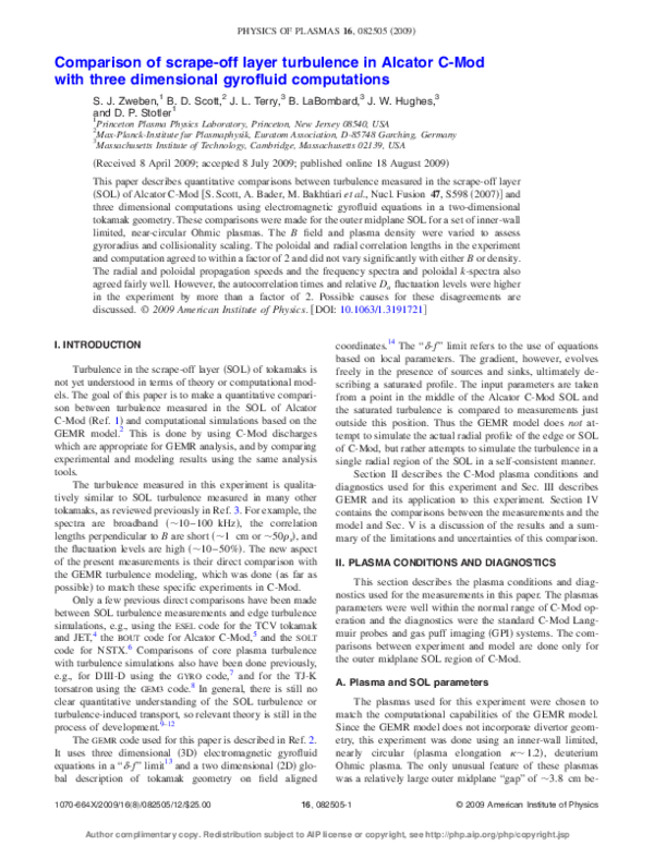 (PDF) Comparison of scrape-off layer turbulence in Alcator C-Mod with three dimensional ...