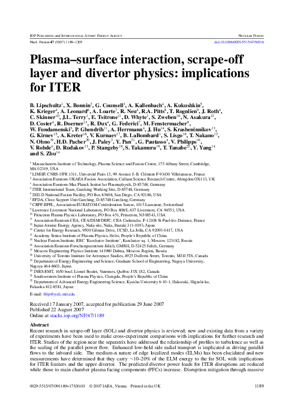 (PDF) Plasma–surface interaction, scrape-off layer and divertor physics: implications for ITER